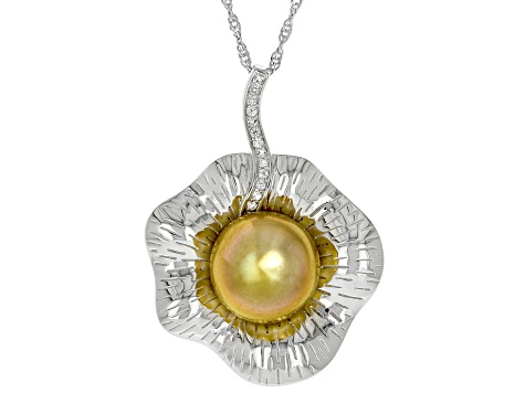 Golden Cultured South Sea Pearl With White Topaz Rhodium Over Sterling ...