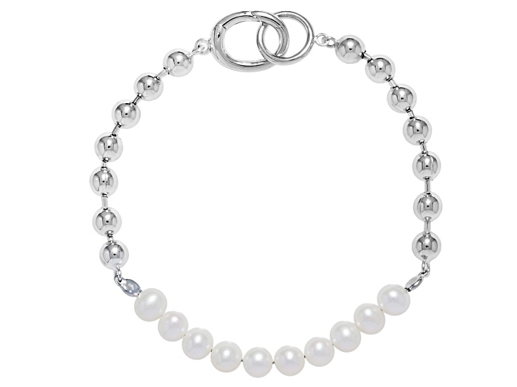 White Cultured Freshwater Pearl Rhodium Over Sterling Silver Bracelet ...
