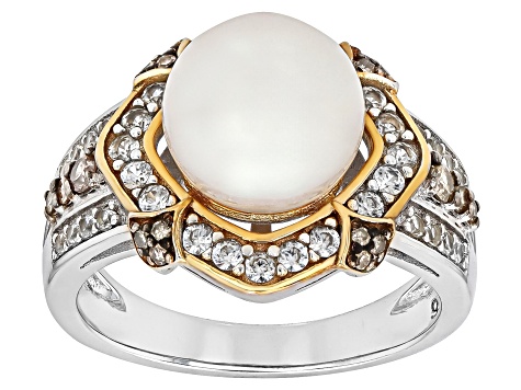 White Cultured Freshwater Pearl With Diamond & Zircon Rhodium & 18k ...