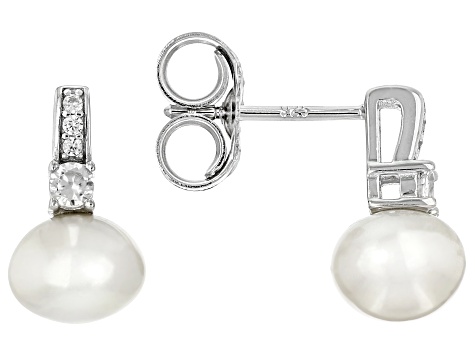 White Cultured Freshwater Pearl With White Zircon Rhodium Over Sterling ...