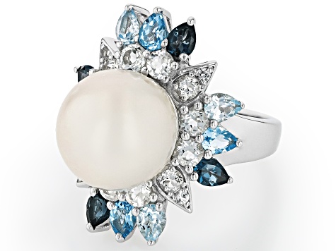 White Cultured Freshwater Pearl With Blue And White Topaz Rhodium Over ...