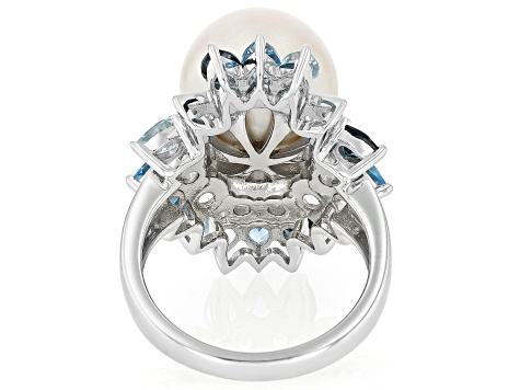 White Cultured Freshwater Pearl With Blue And White Topaz Rhodium Over ...