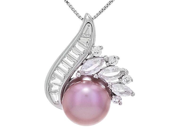 Pink Cultured Freshwater Pearl With Lab Created Sapphire Rhodium Over ...