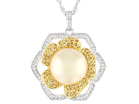 Golden Cultured South Sea Pearl With White Topaz & Citrine Rhodium Over ...