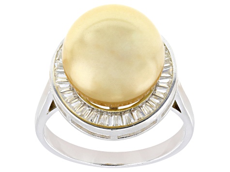 Pearlfection® Golden South Simulant & White Cubic Zirconia Rhodium Over ...