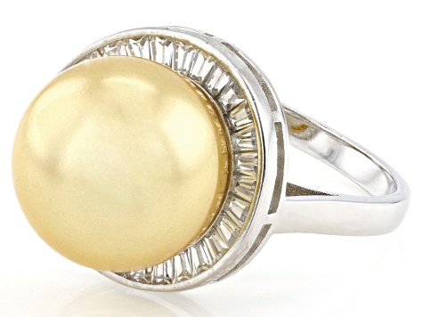 Pearlfection® Golden South Simulant & White Cubic Zirconia Rhodium Over ...