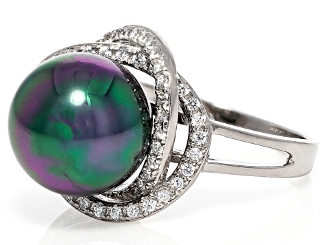 Pearlfection® Peacock Simulant & White Cubic Zirconia Rhodium Over ...