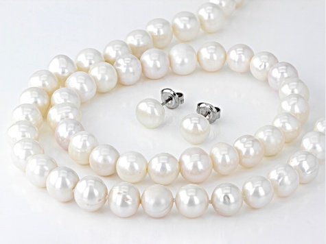 White Cultured Freshwater Pearl Rhodium Over Silver Necklace, Bracelet ...