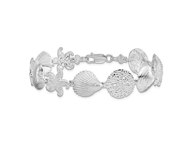 Rhodium Over Sterling Silver Polished Turtle, Shell, Starfish, Clam Bracelet - 134P4A | JTV