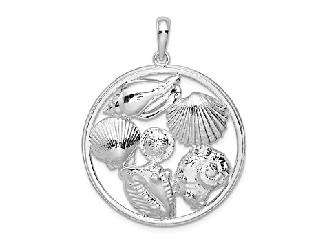 Rhodium Over Sterling Silver Polished Shells Large Round Pendant ...