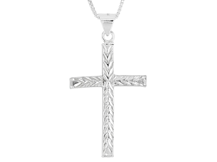 Sterling Silver Diamond-Cut Cross Pendant Box Link 18 Inch Necklace ...