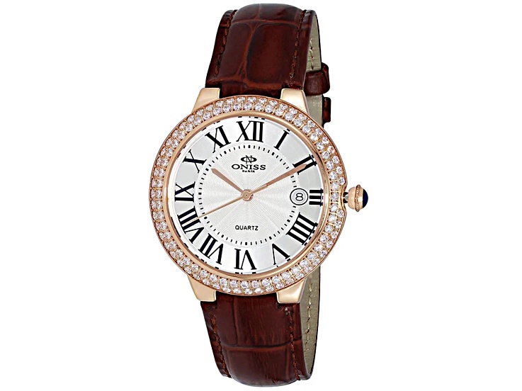 Oniss Women's Glam Collection Rose Bezel, Brown Leather Strap Watch ...