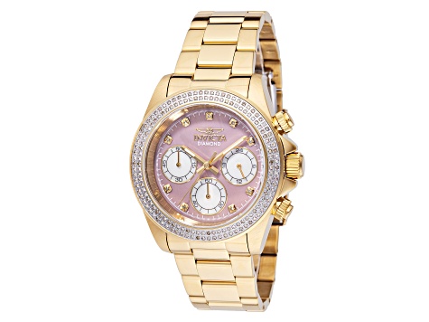 Invicta Elite Diamond 38mm Pink Dial Yellow Stainless Steel Band Quartz ...