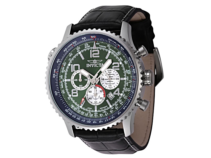 Invicta OCEAN VOYAGE 49.5mm Quartz Black Leather Strap Watch, Green ...