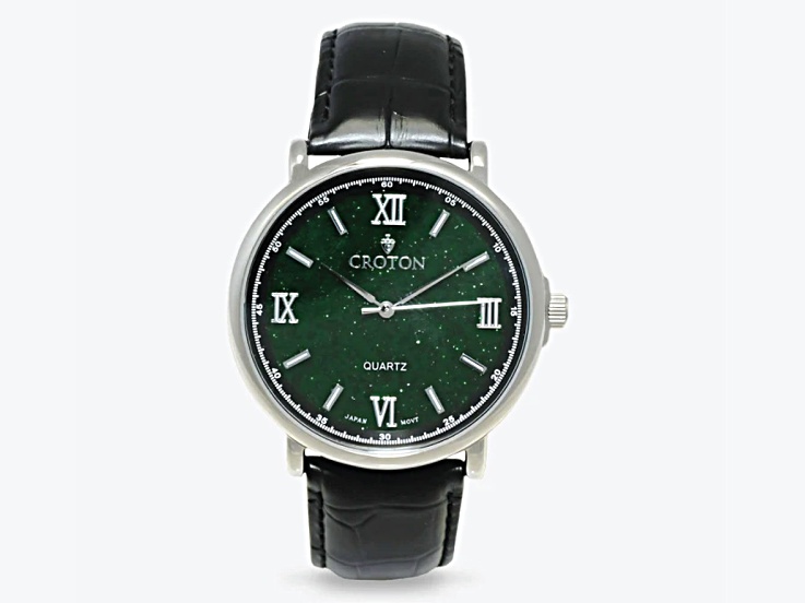 Croton Stainless Steel Quartz Watch with Green Glass Dial and Leather ...