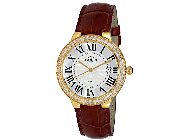 Oniss Women's Glam Collection Yellow Bezel, Brown Leather Strap Watch ...