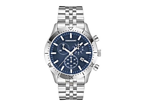 Ferragamo Master Chrono Watch 43MM Blue Guilloché Dial Stainless Steel ...