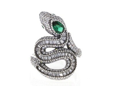 Green And White Cubic Zirconia Rhodium Over Silver Snake Ring 3.16ctw ...